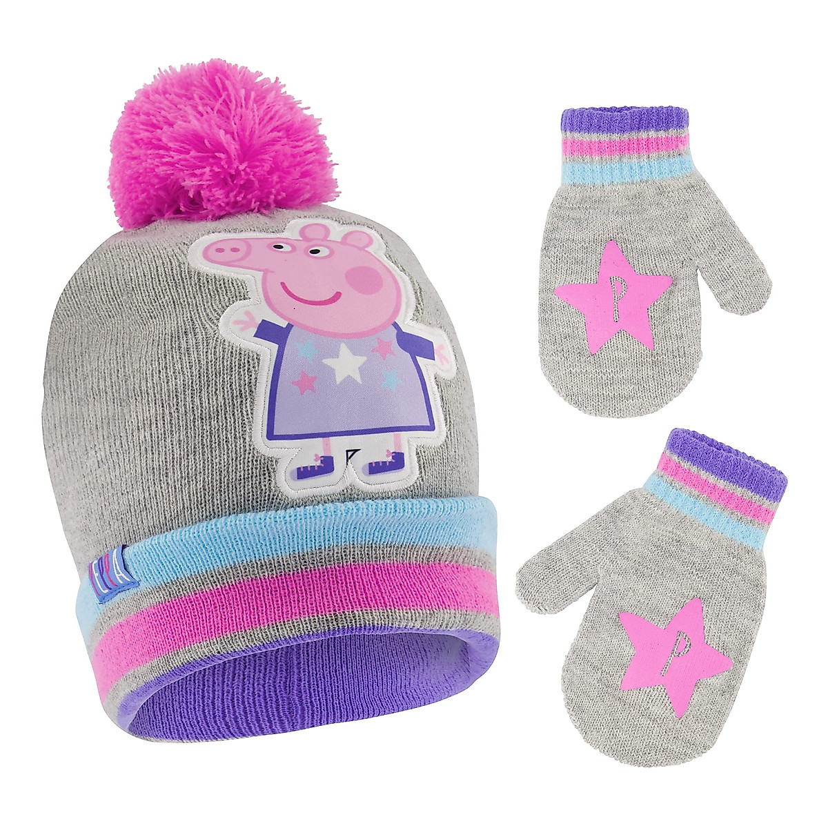 Hasbro Girls Winter Accessory Hat and Mittens Set, Peppa Pig Beanie for Toddler Ages 2-4, Grey/Pink