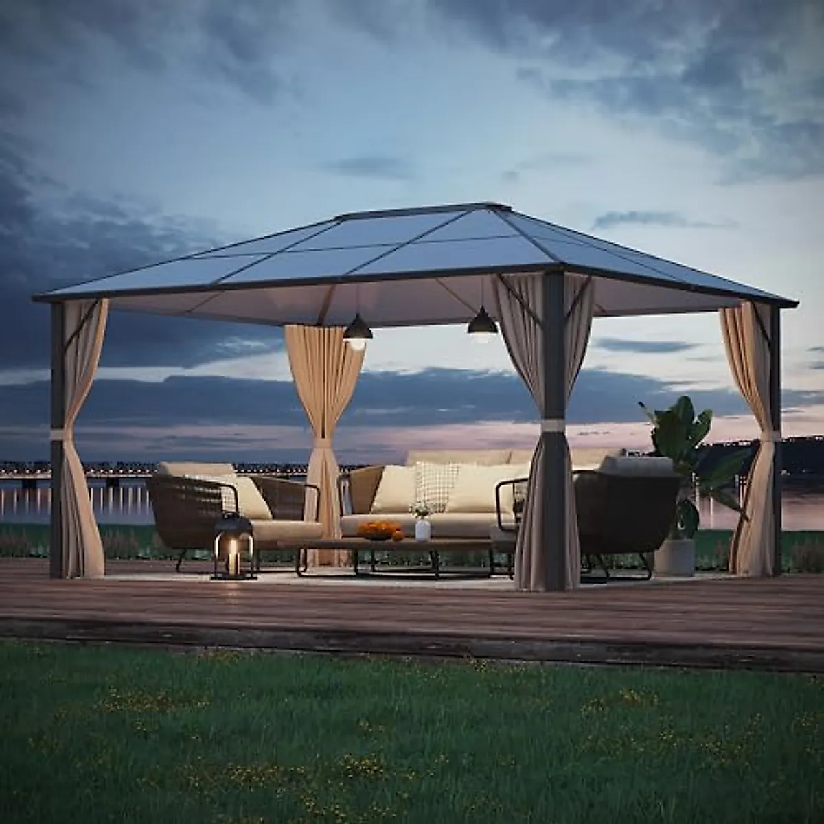 YOLENY 10'x12' Hardtop Gazebo, Outdoor Polycarbonate Roof Canopy, Aluminum Frame Permanent Pavilion with Curtains and Netting, Sunshade for Garden, Patio, Lawns