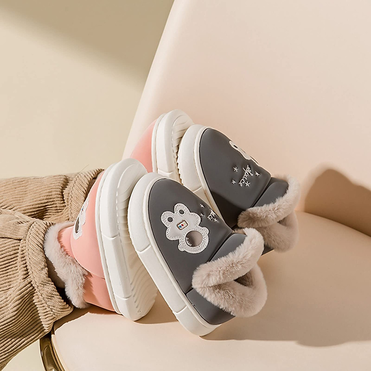 Girls Boys Cartoon Home Slippers Warm House Slippers for Toddler Lined Winter Indoor Shoes Princess Shoes for Girls (Grey, 1-2 Years)