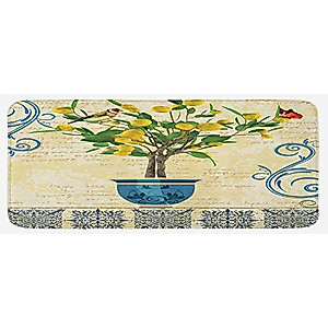 Ambesonne Vintage Kitchen Mat, Retro Style Lemon Tree in The Pot with Realistic Detailed Sparrow and Butterfly, Plush Decorative Kithcen Mat with Non Slip Backing, 47" X 19", Yellow Blue