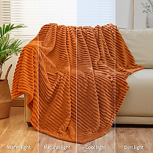 Bnuitland Burnt Orange Flannel Throw with storage pouch,300GSM Super soft Fleece Stripe Pattern sofa Blanket for Adults and Kids, Lightweight Cozy Bed Throw for home decor All season