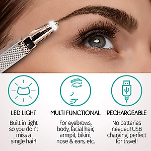 Eyebrow and Facial Hair Trimmer 2 in 1 Rechargeable Painless Epilator Easy to Use Eye Brows Razor Perfect Eyebrow Face Upper Lips Underarm Leg Bikini Hair Remover Brow Shaver with LED Light