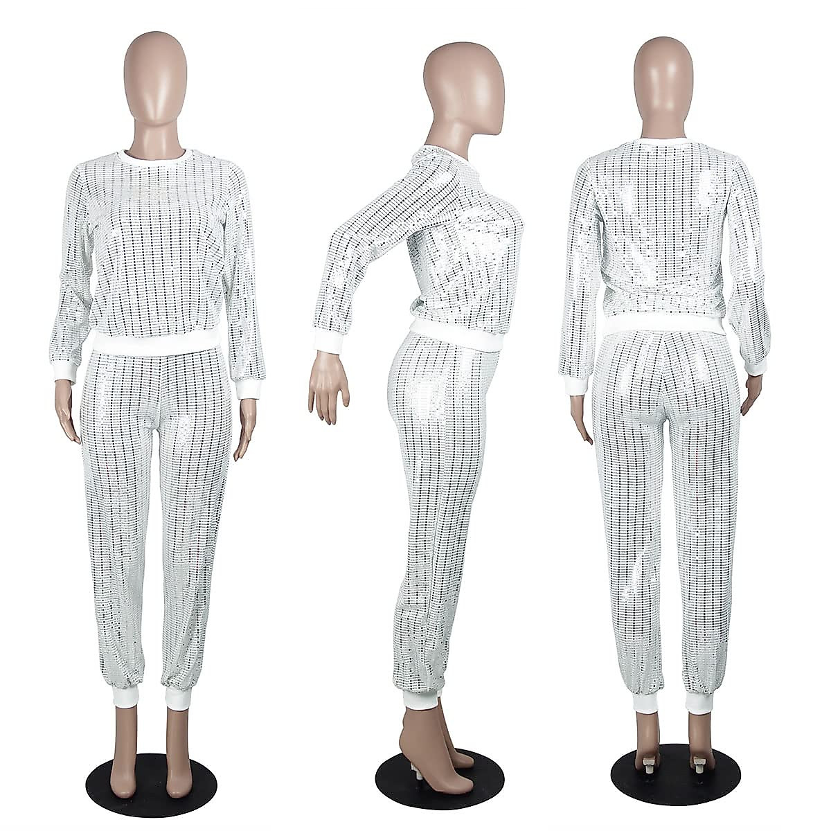 WOKANSE Women's Sequin Glitter Long Sleeve Sweatshirts and Skinny Long Pants Two Piece Outfits White M