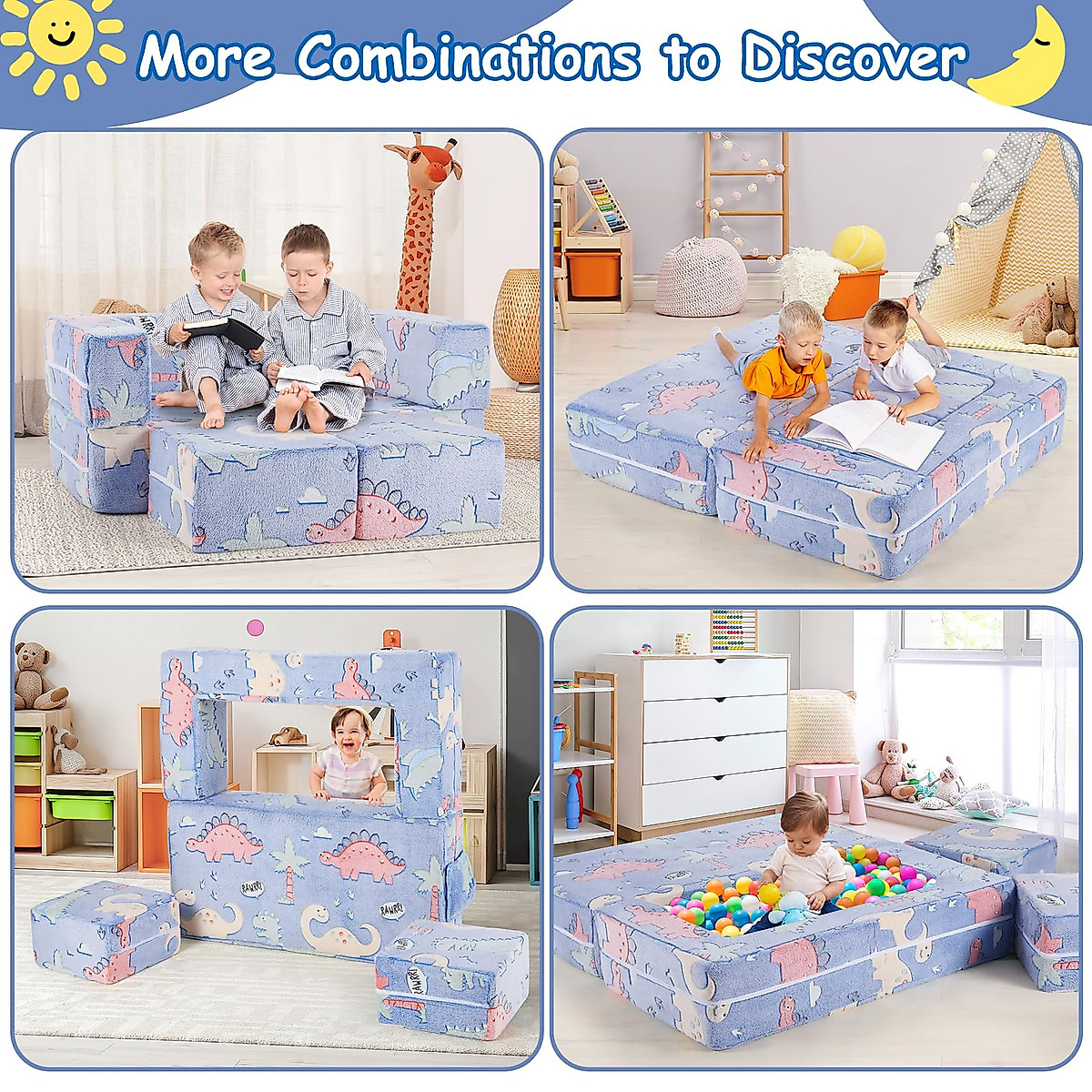 MAMIZO Kids Sofa Couch, Modular Toddler Couch Dinosaur Glow in Dark, Fold Out Play Plush Foam Chair, with 2 Ottomans 1 Side Pocket Soft Furniture Indoor Playroom Nursery Boys Girls