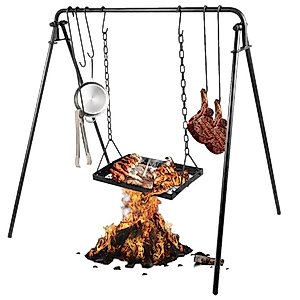 Marada Swing Grill Campfire Cooking Stand 38" Carbon Steel Open Fire Cooker Camping Stand Outdoor Picnic Tools with Hooks Portable & Foldable BBQ Grill for Fire Pit with Dutch Oven Lid Lifter
