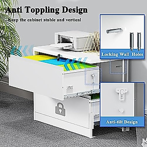 Hak 2 Drawer Locking File Cabinets for Home Office, Metal Office Lateral File Cabinet with Lock, Lockable Modent Filing Cabinet for Hanging Files Letter/Legal/F4/A4 Size, White
