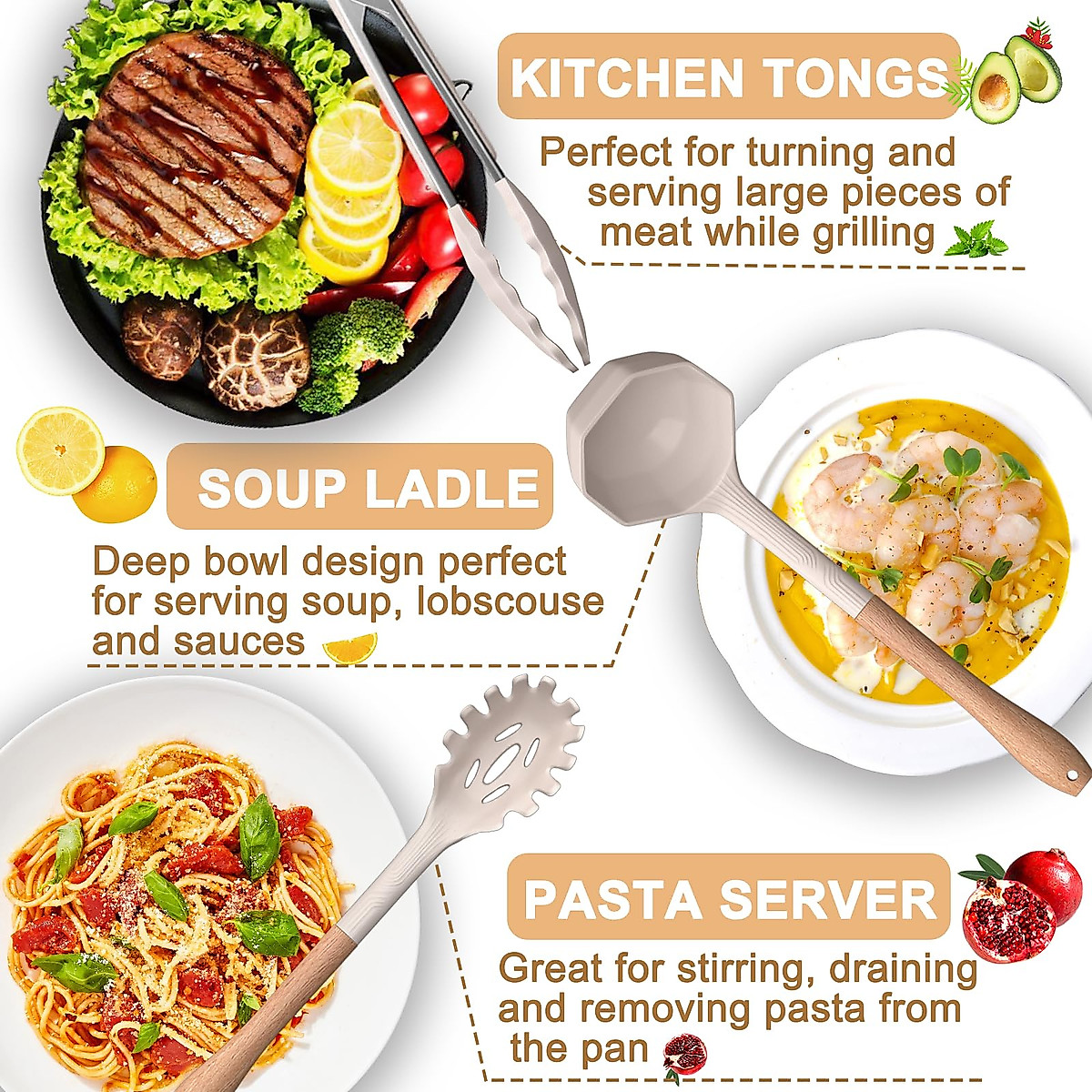 Kitchen Utensils Set- 13 Pcs Cooking Utensils with Tongs, Spoon Spatula &Turner Made of Heat Resistant Food Grade Silicone and Wooden Handles Kitchen Gadgets Tools Set for Nonstick Cookware (Khaki)