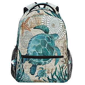 Vdsrup Vintage Turtle Backpack for Girls Kids Boys Ocean Sea Starfish World Map School Book Bag Waterproof Student Laptop Backpacks College Carrying Bags Casual Durable Lightweight