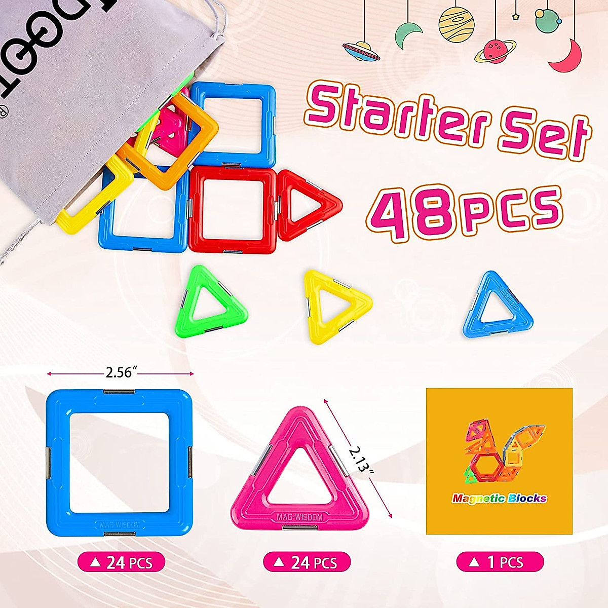 idoot Kids Magnetic Tiles for Toddlers,STEM Toys for 3-5 Year Old Boys & Girls,Magnet Blocks Kids Educational Toys Birthday Gift Starter Set with Storage Bag