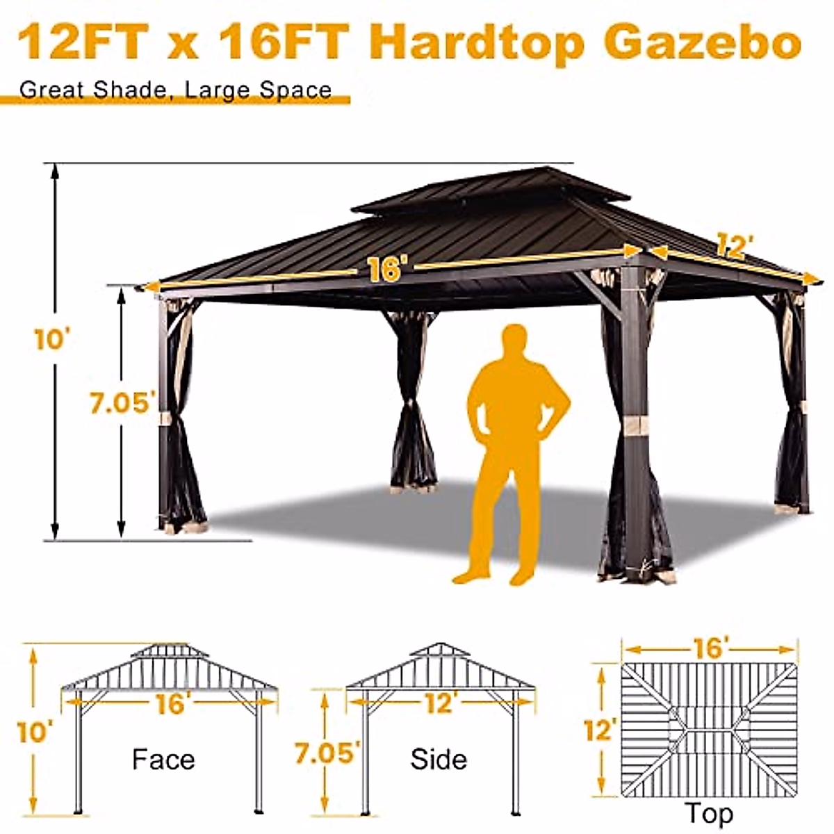 12' x 16' Gazebo, Outdoor Double Roof Canopy Hardtop Gazebo with Large Aluminum Frame, Galvanized Steel Top Gazebo with Ventilation and Mosquito Nettings, for Patio, Backyard, Deck and Lawns