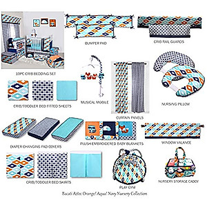 Bacati Liam Aztec Kilim Cotton Percale Crib/Toddler Bed Fitted Sheets 2 Piece, Aqua/Orange/Navy