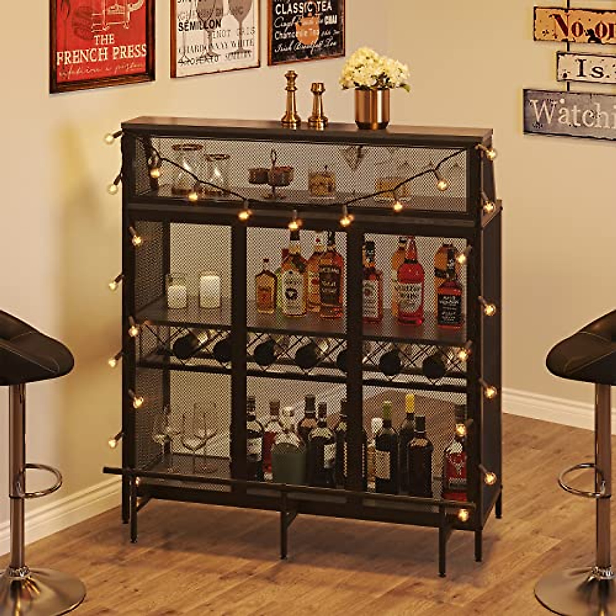 REHOOPEX Home Bar, 4 Tier Industrial 51in Bar Cabinet, Farmhouse Liquor Cabinet with Footrest, Wood Bar Cabinet Wine Storage Shelf, Metal Buffet Cabinet for Home, Kitchen, Pub (Black)