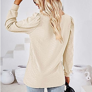 Prime Deals of The Day Today only Puff Long Sleeve Tops for Women Square Neck Solid Color Pleated T-Shirts Dressy Casual Basic Lightweight Tunics Beige M