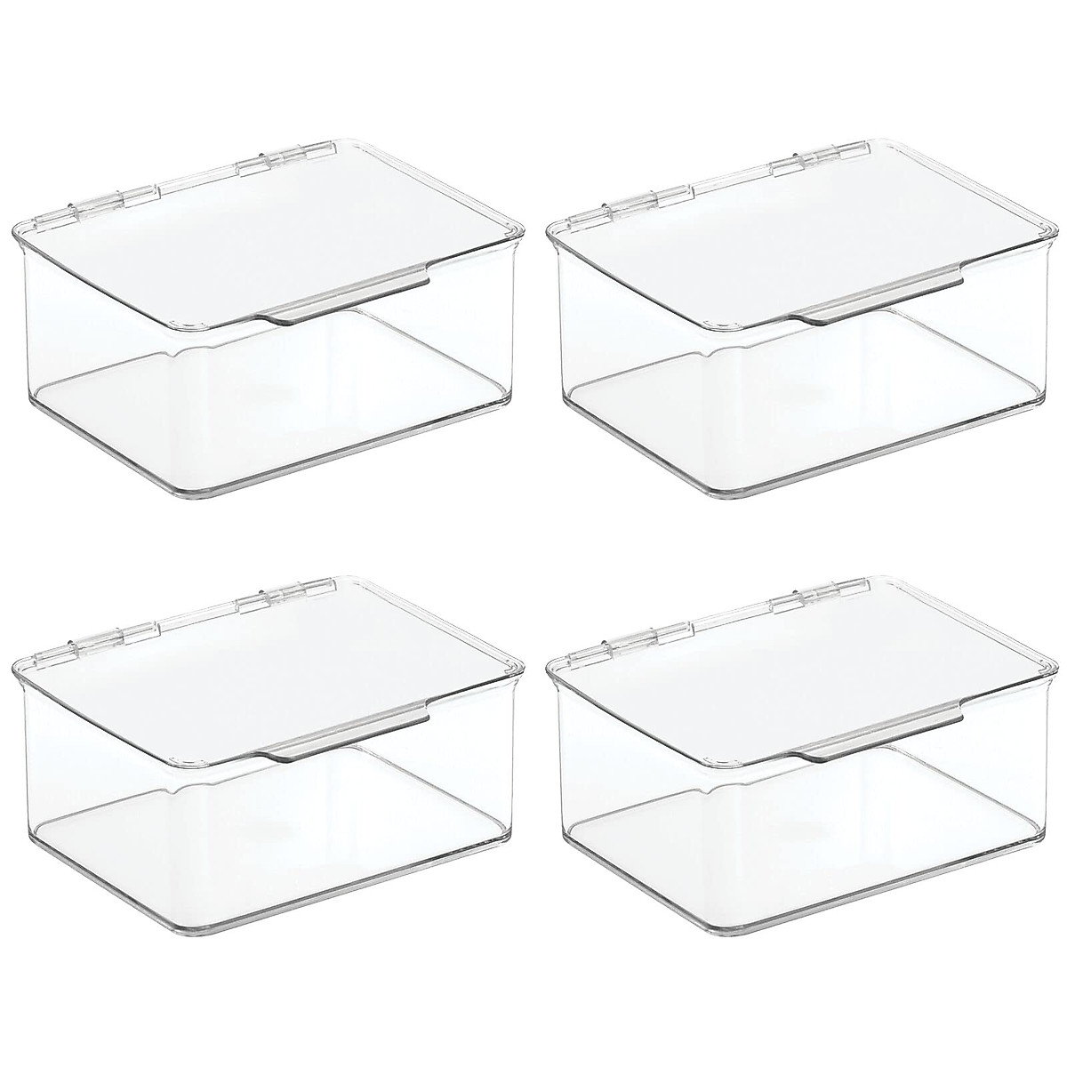 mDesign Plastic Cosmetic Storage Organizer Box Containers, Hinged Lid for Bedroom, Bathroom Vanity Shelf or Cabinet, Holds Masks, Palettes, Nail Polish, Lumiere Collection, 4 Pack - Clear