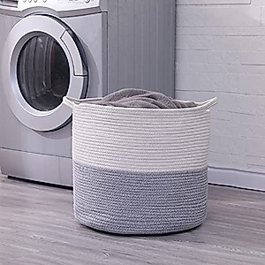 MRECHIR 2pc Large Woven Cotton Rope Basket with Handles 18" x 15" Laundry Hamper - Blanket Basket Living Room - Basket for Toys-Decorative Baskets for Storage - Pillow Basket - White&Grey