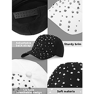 Loopeer 2 Pcs Adjustable Breathable Rhinestone Baseball Cap for Women Men Sequins Casual Sports Cap Rhinestone Hat(Black, White)