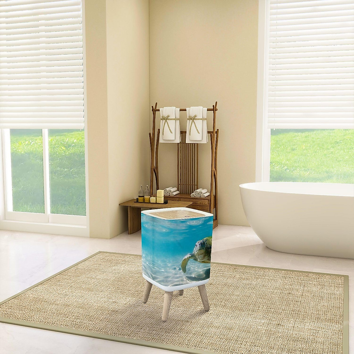 PHAIBHKERP Trash Can with Lid The Green sea Turtle Garbage Can Rectangular Waste Bin Press Cover Dog Proof Wastebasket for Kitchen Bathroom Living Room Nursery