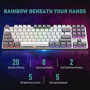 AULA F3287 Wired TKL Rainbow Mechanical Gaming Keyboard, 80% Compact Tenkeyless 87 Keys Layout w/Tactile Red Switches, White & Grey Mixed-Color Keycaps, Programmable Macro Keys