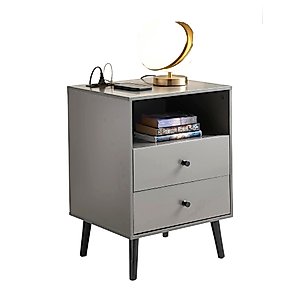 OBRICOL Night Stand,Charging Station Side Table, Functional End Table for Bedroom,Living Room (Grey)