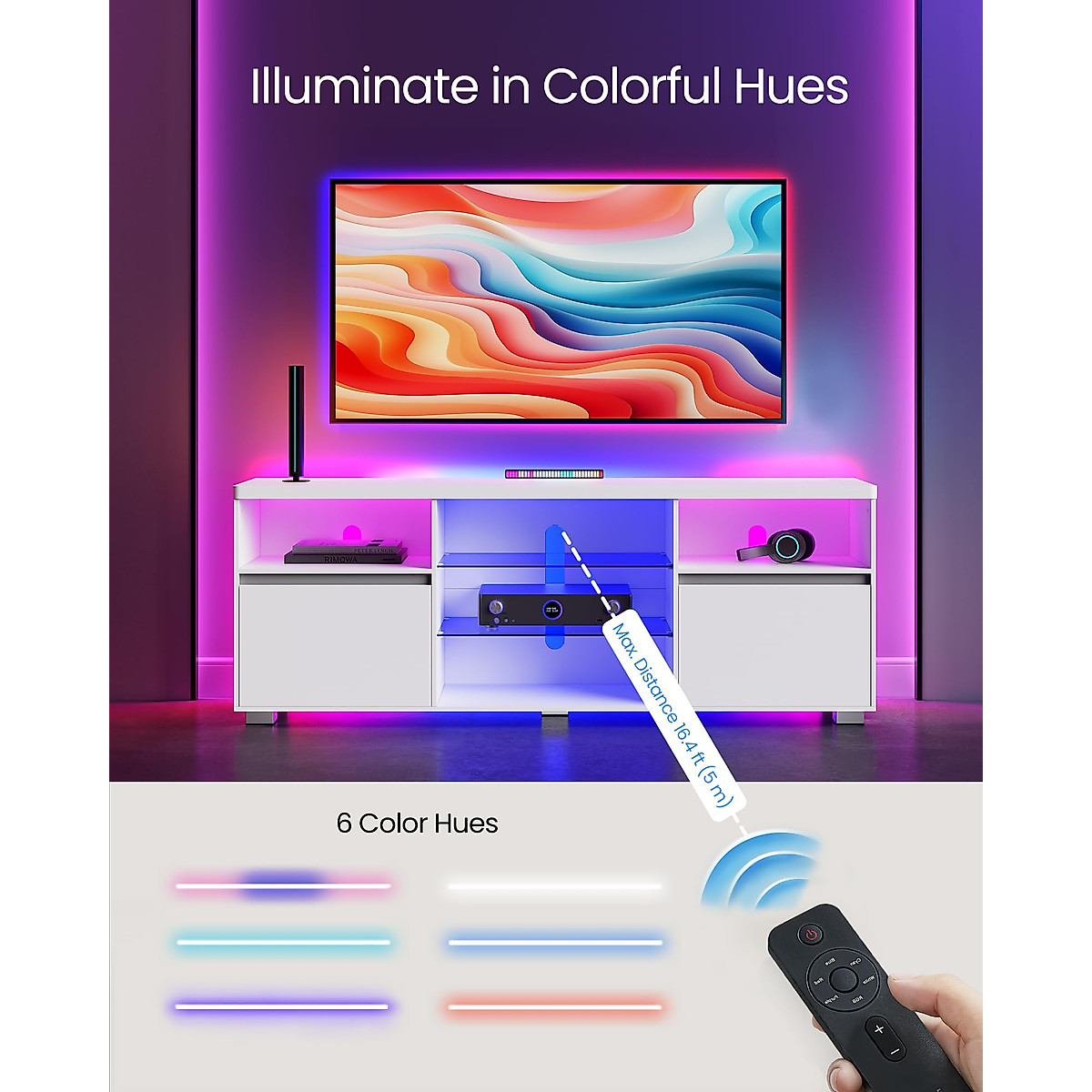 VASAGLE TV Stand with LED Lights for TVs up to 70 Inch, Entertainment Center with Open Glass Shelves, 2 Cabinets with Doors, 63-Inch Long, TV Console for Bedroom Living Room, White ULTV330T10