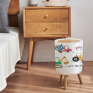 KCDCYCZEAL Small Trash Can with Lid Cute Construction Trucks for Kids Round Recycle Bin Press Top Dog Proof Wastebasket for Nursery Playroom Bedroom Office 7L/1.8 Gallon