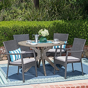 Christopher Knight Home Layna Outdoor 5 Piece Wood and Wicker Dining Set, Gray Finish/Gray