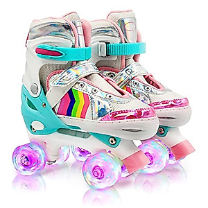 JOY SPOT! Rainbow Unicorn Roller Skate for Girls,4 Size Adjustable Light Up Roller Skates,All 8 Luminous Wheels of Pink Skate Shine,Indoor Outdoor Skating Shoes for Beginner Toddlers Kids Ages 4-14 -M