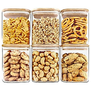 Glass Jars with Bamboo Lids, Square Glass Jar with airtight lids of 6 pack of 28oz, Square glass storage jars with airtight lids, Glass Food Storage Containers with airtight lids, Glass Panty Jars