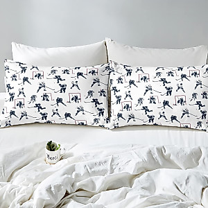 Ice Hockey Bed Sheet Set Full Kids Sports Event Bedding Set Hockey Player Fitted Sheet for Boys Bedroom Decor Soft Winter Sports Hockey Puck Bed Cover,Full 1 Fitted Sheet+2 Pillowcases（No Flat Sheet）