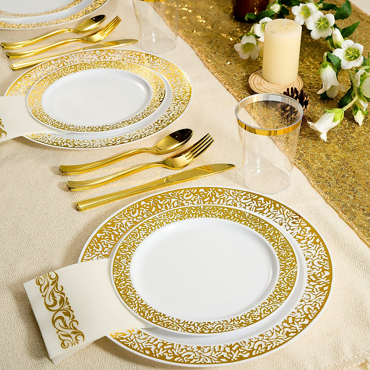 FOCUSLINE 175 Gold Dinnerware Set for 25 Guests, White Plastic Plates with Gold Lace Rim Design, Including 25 Disposable Dinner and Dessert Plates, 25 Silverware Set, 25 Cups, 25 Napkins