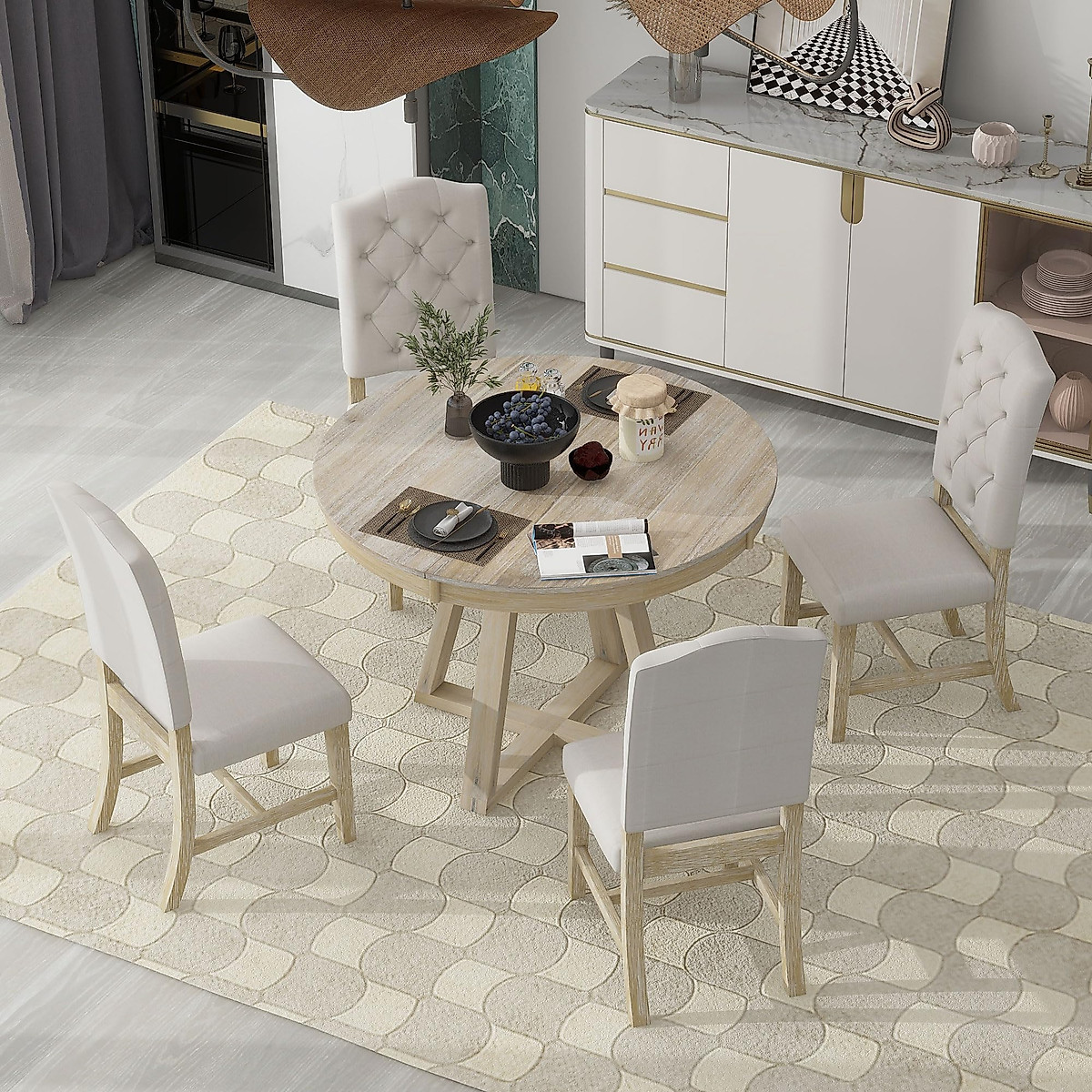 Bellemave Extendable Dining Table Set for 4, 5-Piece Round Table Set with 4 Chairs, Circle Table with Upholstered Chairs, Oval Kitchen Table Set with Extendable Table for Dining Room and Kitchen