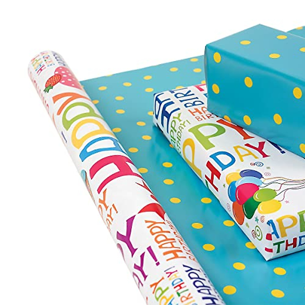 Current Happy Birthday Words with Dots Reversible Double-Sided Jumbo Gift Wrap Roll, 23 inches x 32 feet per roll