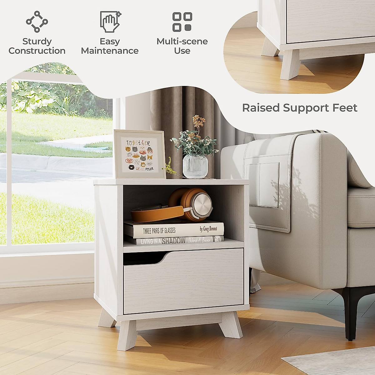 Giantex 2 Tier Nightstand, Mid Century Modern Bedside Table with Storage Drawer & Open Shelf, Wood Night Stand for Small Spaces, Minimalist Side End Table for Bedroom, Distressed White