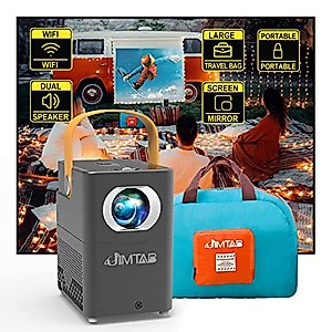 Portable WiFi Bluetooth Projector, JIMTAB V1 Outdoor Projector Full HD 1080P Supported, Mini Movie Projector with Foldable Carry Bag Dual Speakers Surround Sound (with Blue Foldable Bag)