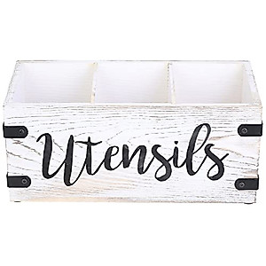 MyGift Whitewashed Solid Wood Flatware and Utensil Holder with Metal Corner Accents with 3 Compartments and Cursive UTENSILS Design