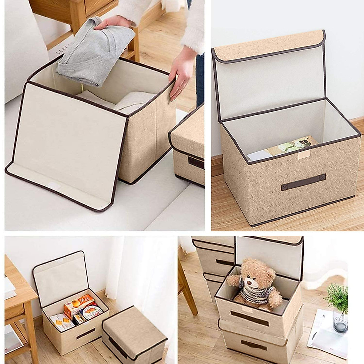 Fabric storage boxes and storage boxes, with handles and flip design, large foldable boxes, used to store books, clothes, toys, family bedroom closets, office storage bags. (2 pieces in beige)