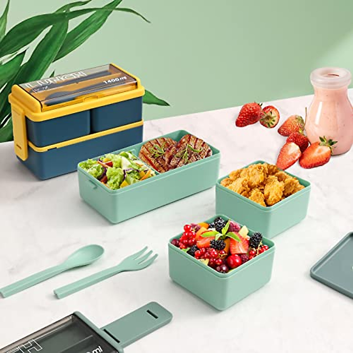 CHZZMS 2 Pack Bento Box Adult Lunch Box,49OZ Leakproof Eco-Friendly Stackable Bento Lunch Box Meal Prep for Dining Out, Work, Picnic, School (green+blue)