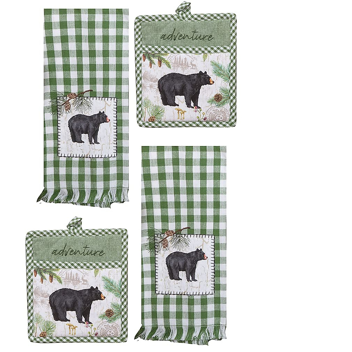 Kay Dee Designs 4 Piece Pinecone Trails Black Bear Kitchen Decor Bundle, 2 Applique Tea Towels and 2 Pocket Mitts