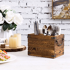 MyGift Rustic Burnt Wood Dining Utensil Holder for Kitchen Counter, Flatware Serving and Napkin Holder Caddy with Antique Metal Wraps and Handles