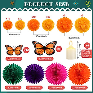 Newwiee 82 Pcs Day of the Dead Altar Kit Flameless LED Candle Paper Marigold Flower Fan Monarch Butterfly Papel Picado Banner Disposable Tablecloth for Dia De Los Muertos Altar Diwali(Cute Color)