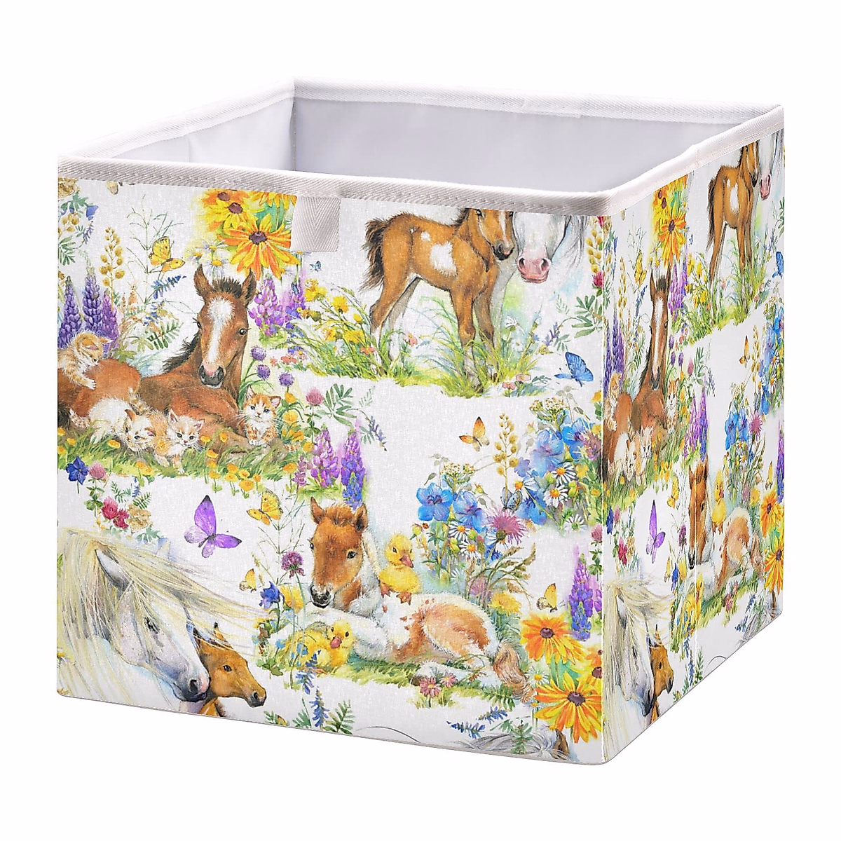 Kigai Field Horses Storage Bins Cube Foldable Storage Baskets Bin Waterproof Home Organizer with Handles Basket for Toy Nursery Blanket Clothes, 11x11x11 Inch