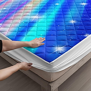 Blue Rainbow Glitter Twin Size Fitted Mattress Pad,Waterproof Fitted Sheet Set，Bedding Quilted Noiseless Mattress Protector Stretches up to 15 Inches Deep,Breathable Bed Mattress Cover 39x75 Inches