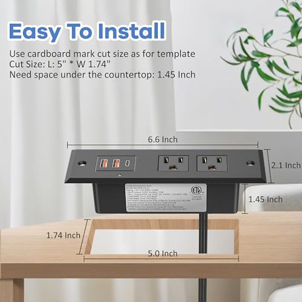 Recessed Power Strip with PD 20W USB C, Desk Outlet with 2 USB-A and 1 USB-C Ports, Recessed Power Socket Charging Station, Furniture Outlet for Drawer, Side Table, Sofa Table, 6.56FT Cord Flat Plug