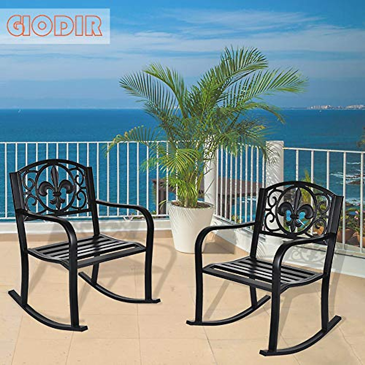 GIODIR Outdoor Patio Rocking Chair, Metal Rocking seat for for Deck, Backyard or Garden w/Scroll Design (Black)…