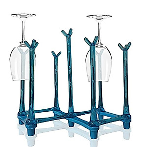 Retractable Cup Drying Rack Drinking Glass and Sports Bottle Drainer Stand Plastic Bag Dryer for Kitchen Dish Drainer with 7 Plastic Mug Tree Hooks Blue