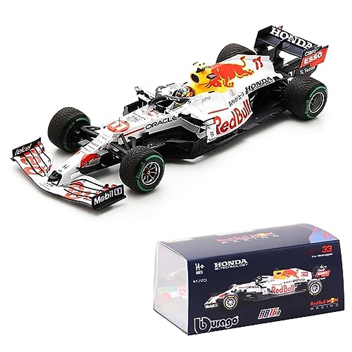 HNW 1:43 Racing F1 2021 RB16B NO.#33 Max Verstappen or NO.#11 Sergio Perez Die-Cast Vehicles Collectible Racing Model Car (RB16B 11# White W/Helmet)