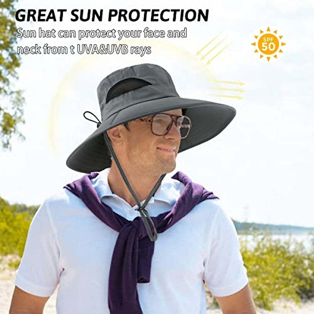 Mens Sun Hat for Men and Women Fishing Hat Wide Brim Safari Hat Waterproof Bucket Hats UV Protection Boonie Hat for Hiking Beach Garden