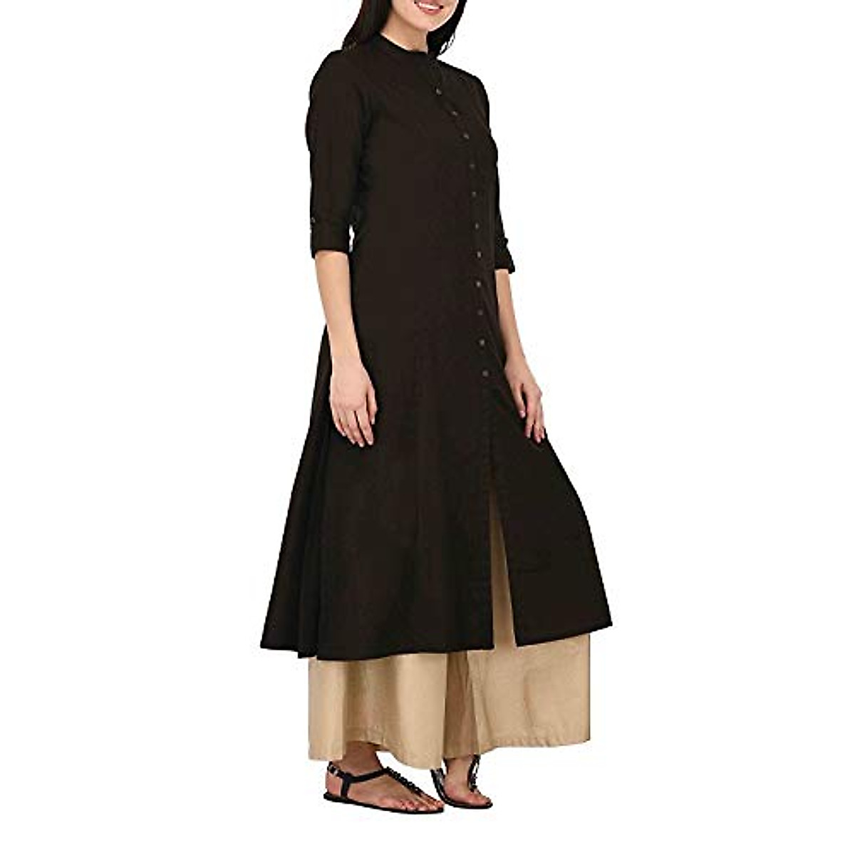 Women's Pure Cotton Plain Tunic Top Front Slit 3/4 Sleeves Roll-UP Chinese Neck Buttons Down Pocket Long Kurti Kurta Black