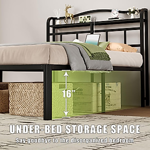 SHOANED 18 Inch Metal Bed Frame - Twin Size Black Heavy Duty Bedframe Platform Basic Mattress Foundation with Headboard & Charging Station No Box Spring Needed/Easy Assembly/Noise-Free