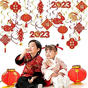 Chinese New Year Decoration Hanging Swirls, 30Pack 2023 Year of rabbit Ornaments Chinese Fu Character Décor Chinese Spring Festival Party Supplies